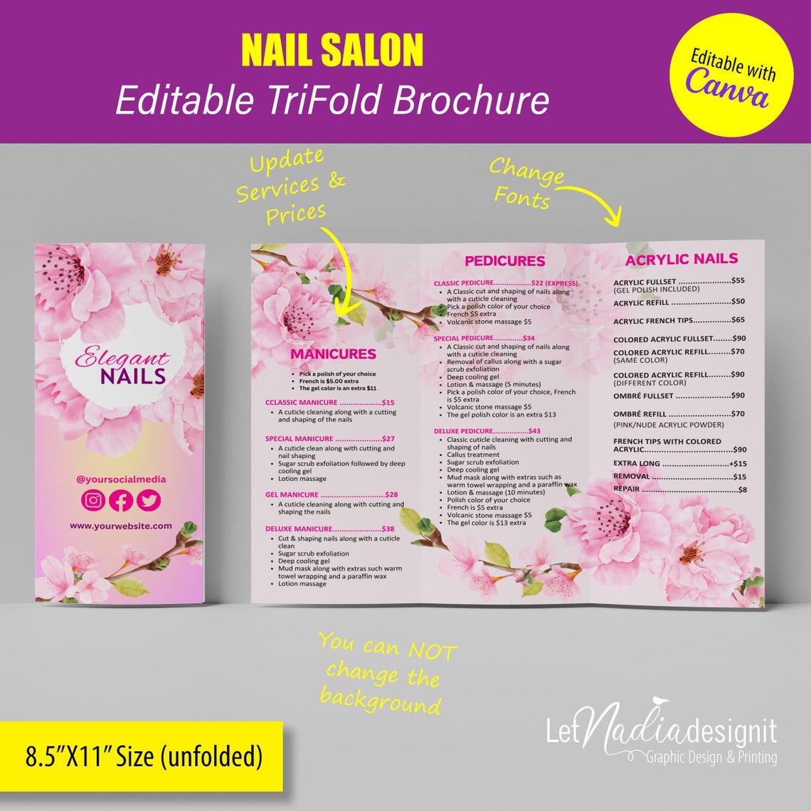 Nail Salon Trifold Brochure Template | Nail Spa Services Menu Design ...