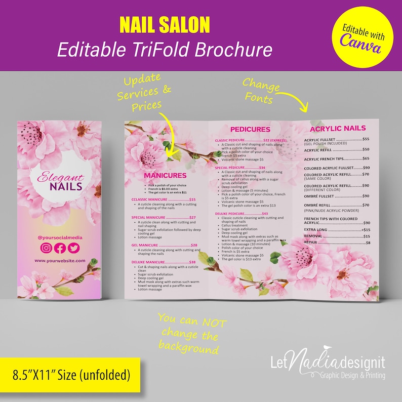 Nail Salon Trifold Brochure Template | Nail Spa Services Menu Design ...