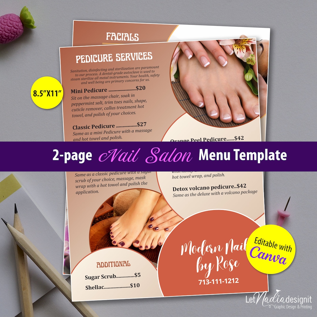 2-page Pedicure and Facials Menu Template | Nail Salon Price List ...