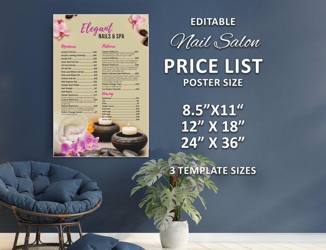 Nail Salon Menu Poster Template 8.5"x11" 12"x18" 24"x36" | Nail Salon ...