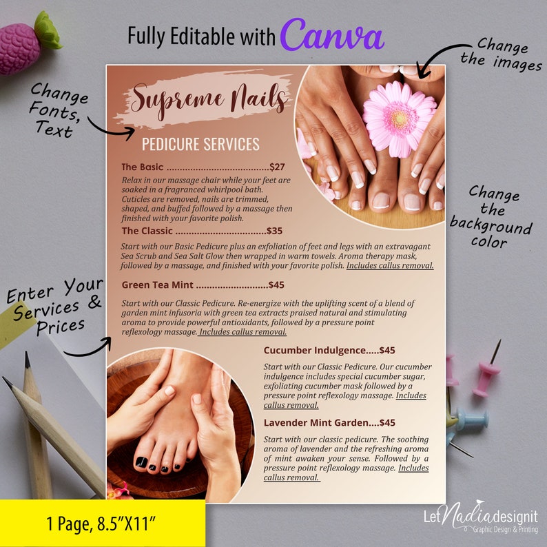 2-page Pedicure Menu Template | Nail Salon Price List Template ...