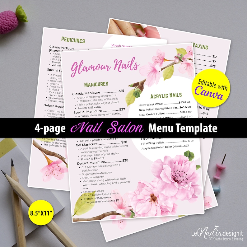 4-page Nail Salon Menu Template | Nail Salon Price List | Pedicure ...