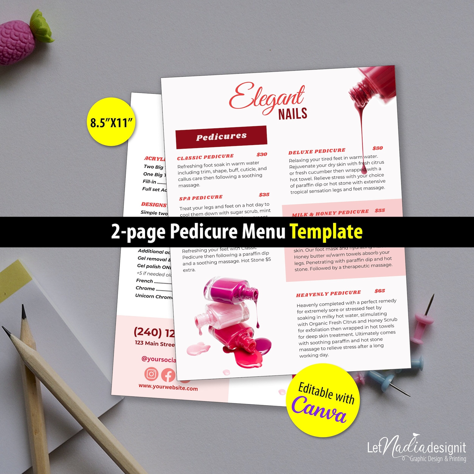 2-page Pedicure Menu Template | Nail Salon Price List Template ...
