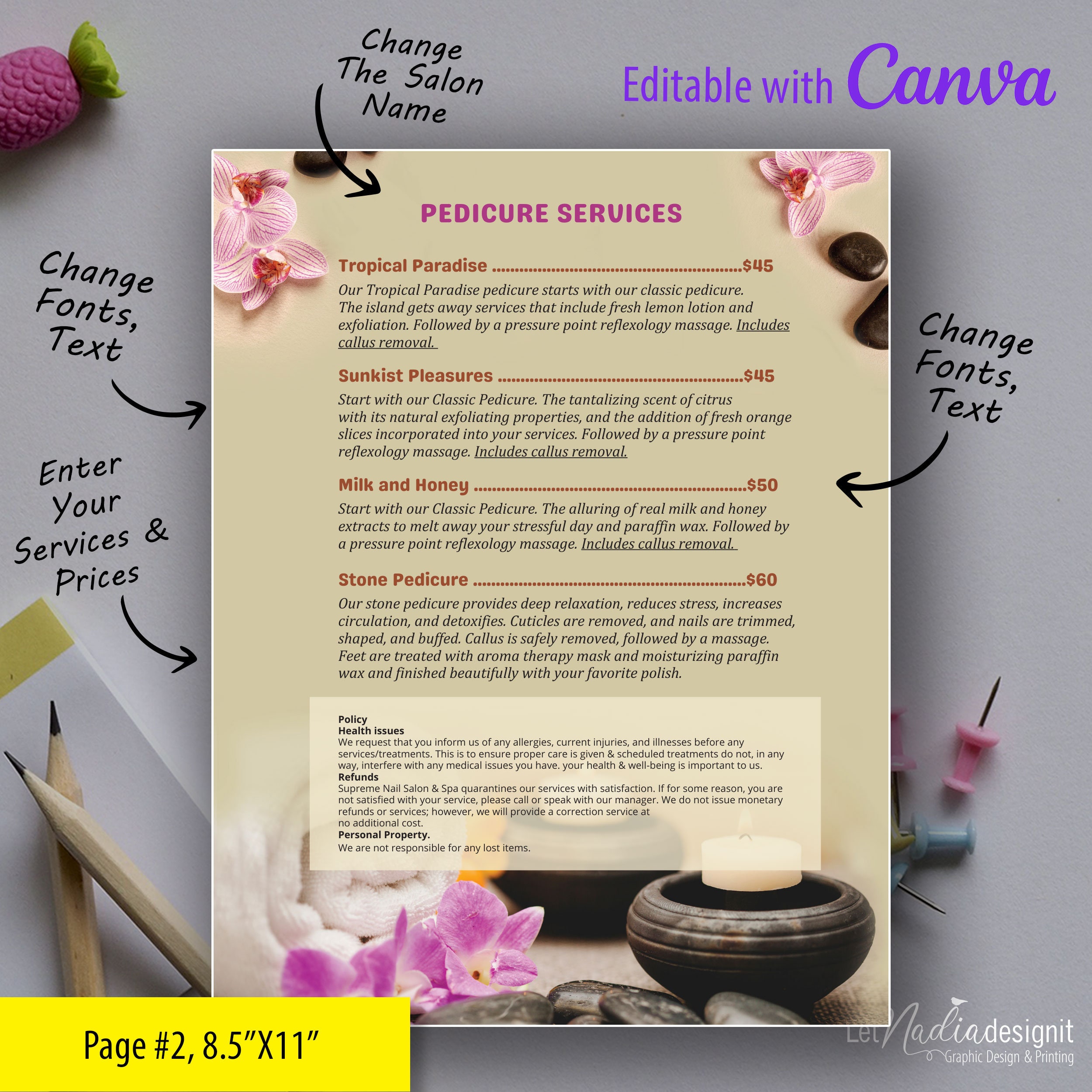 2-page Pedicure Menu Template | Nail Salon Price List Template ...