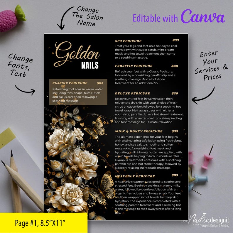 2-page Pedicure Menu Template | Nail Salon Price List Template ...