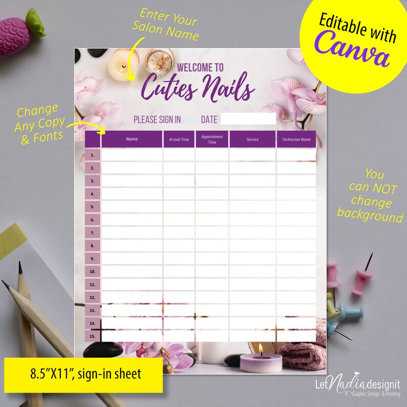 Nail Salon Sign-in Sheet Template | 8.5x11 Editable Form (canva) - Etsy