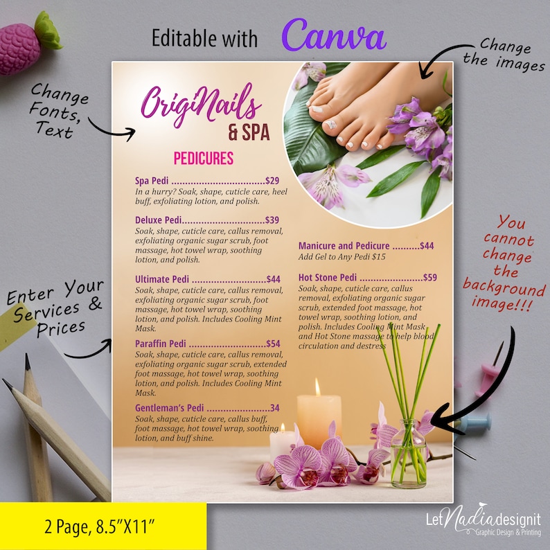 Nail Salon Menu Template | Manicure Pedicure Price List (canva Editable ...