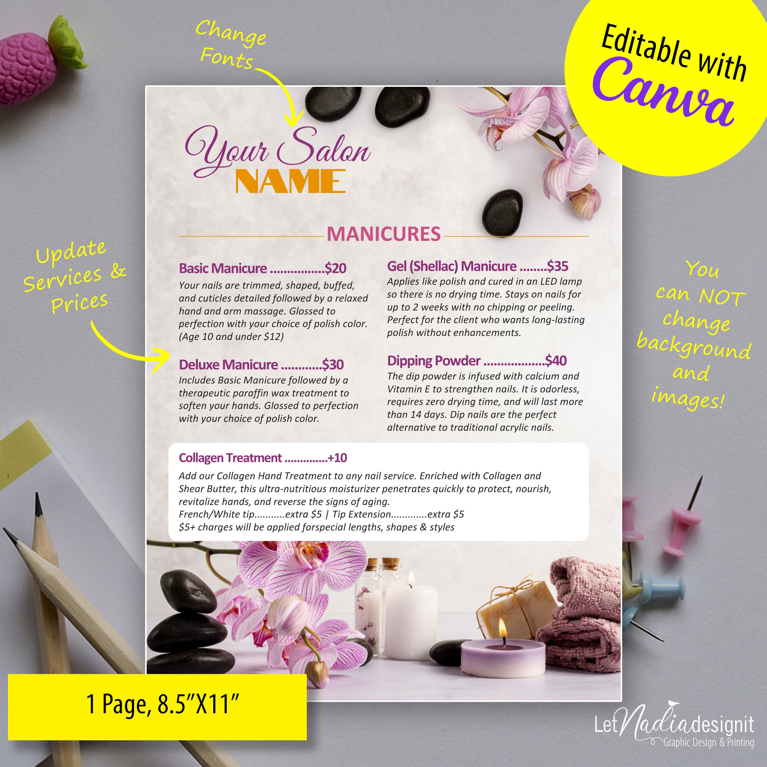 Nail Salon Menu Templates Bundle: Manicure, Pedicure, Facials (canva ...