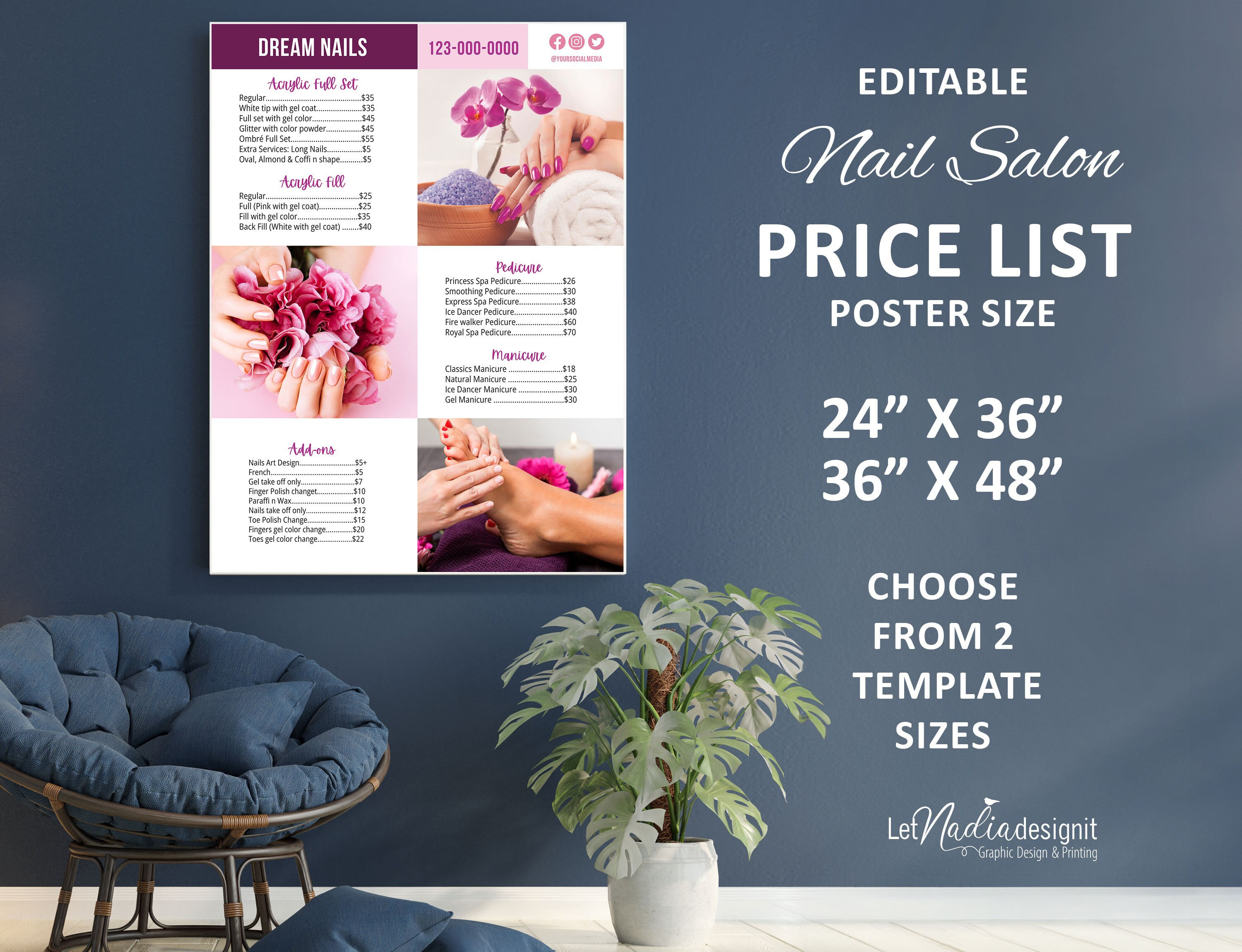 Customizable Nail Salon Price List Poster Templates - 24"x36" 36"x48 ...