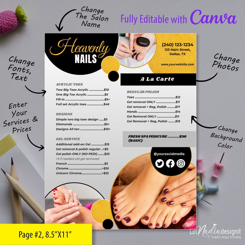 2-page Pedicure Menu Template | Nail Salon Price List Template ...