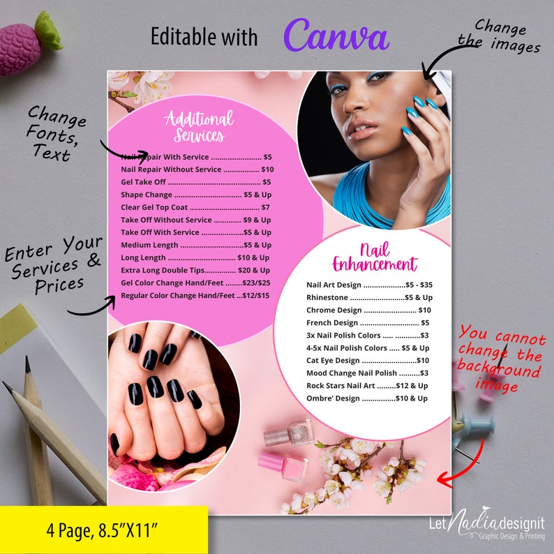 Nail Salon Menu Template (4 Pages) | Pedicure, Manicure, Waxing Price ...