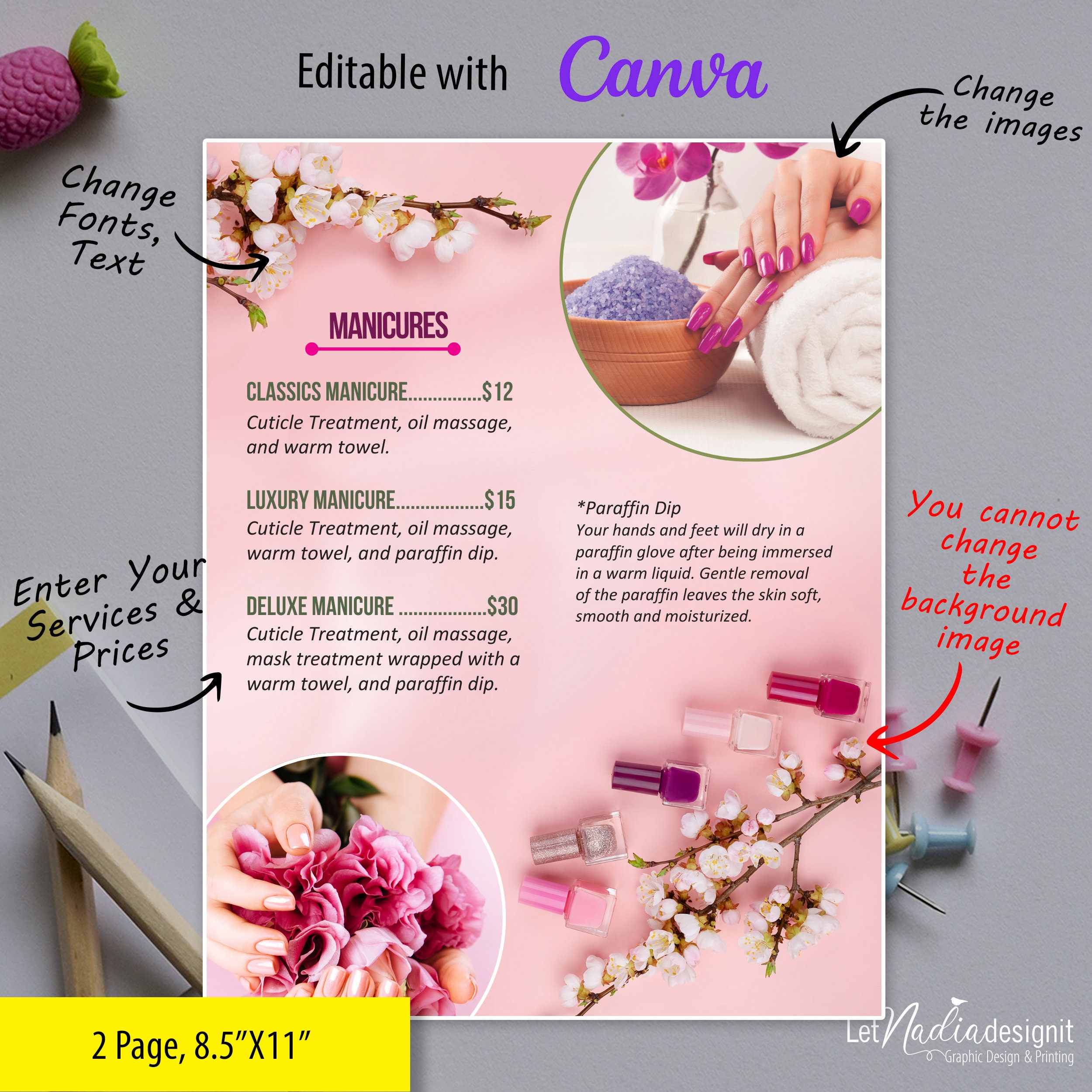 2-page Pedicure and Manicure Menu Template | Nail Salon Price List ...