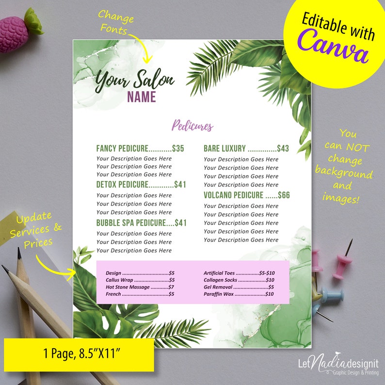 2-page Pedicure Menu Template | Nail Salon Price List Template ...