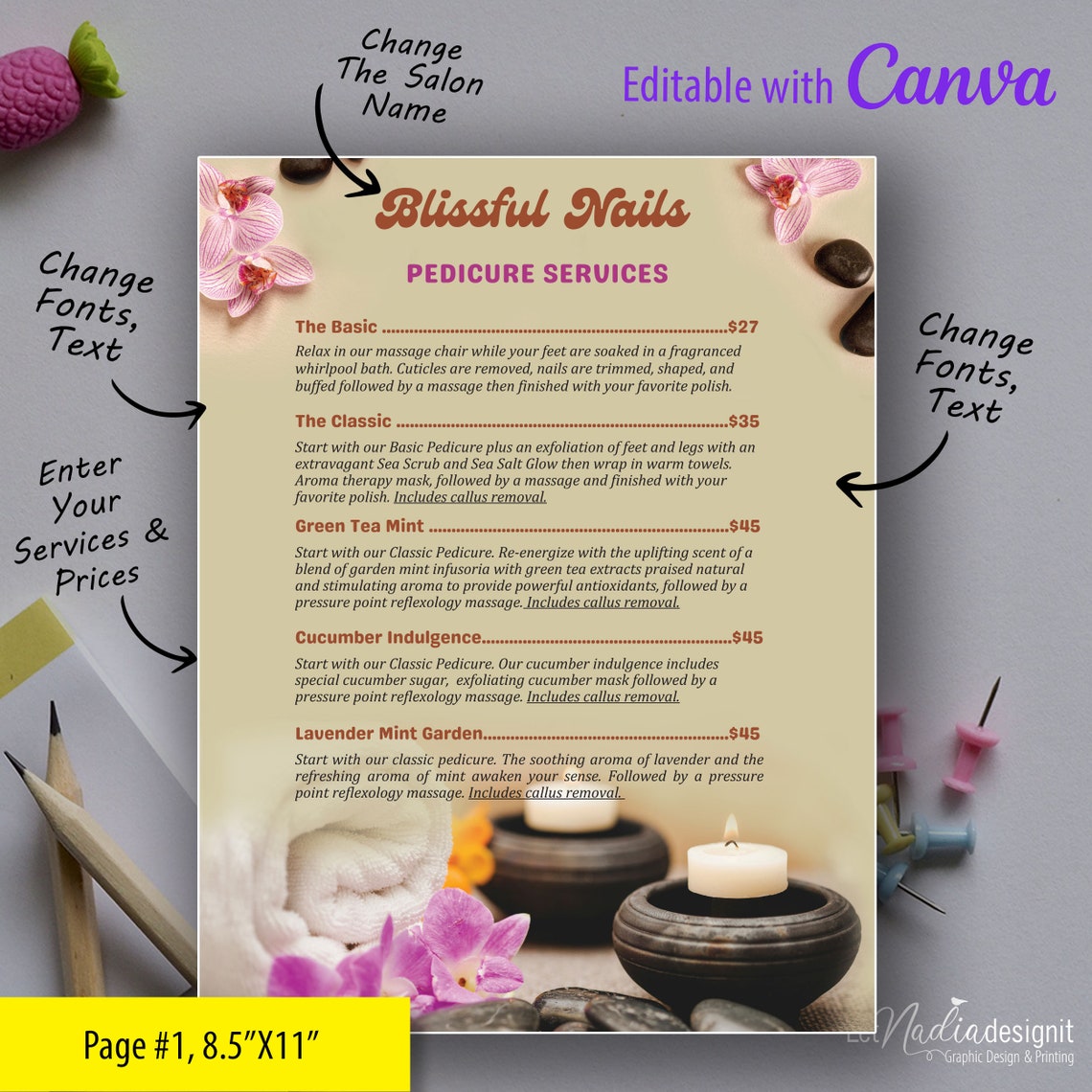 2-page Pedicure Menu Template | Nail Salon Price List Template ...
