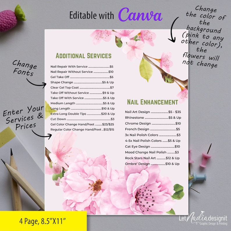 Elegant Floral Nail Salon Menu Template | Price List (canva Editable, 4 ...