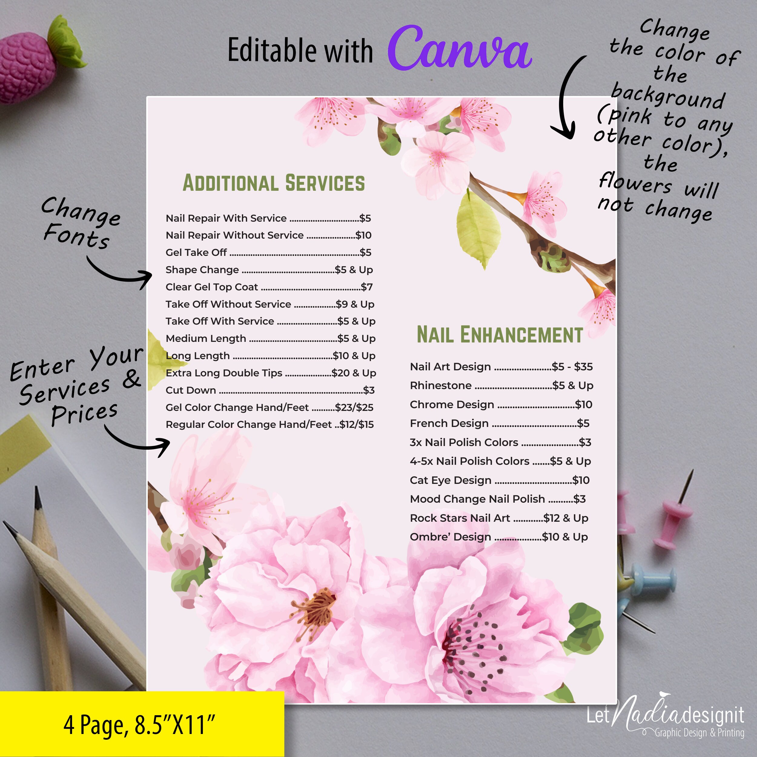 4-page Nail Salon Menu Template | Nail Salon Price List | Pedicure ...