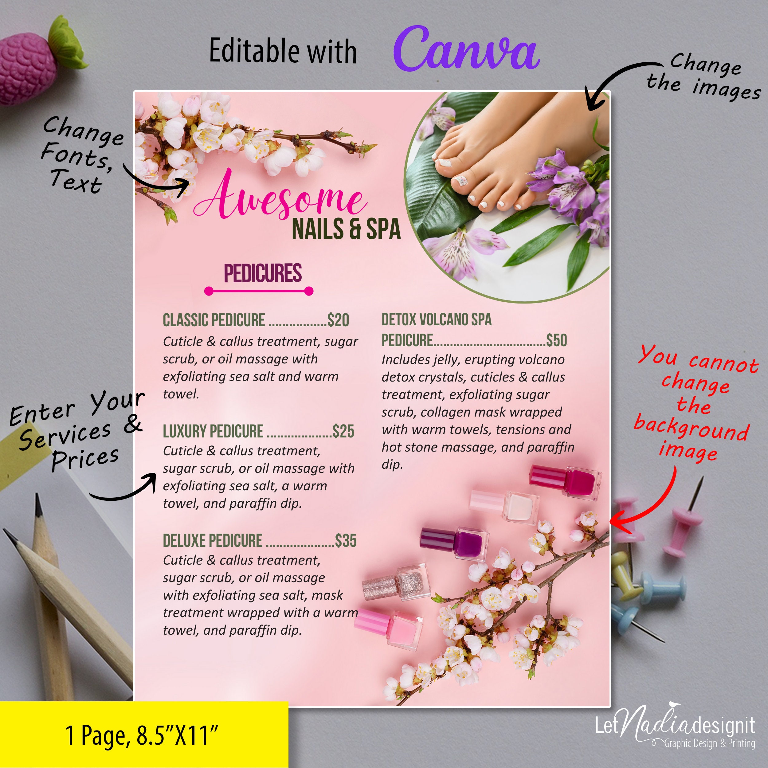 2-page Pedicure and Manicure Menu Template | Nail Salon Price List ...