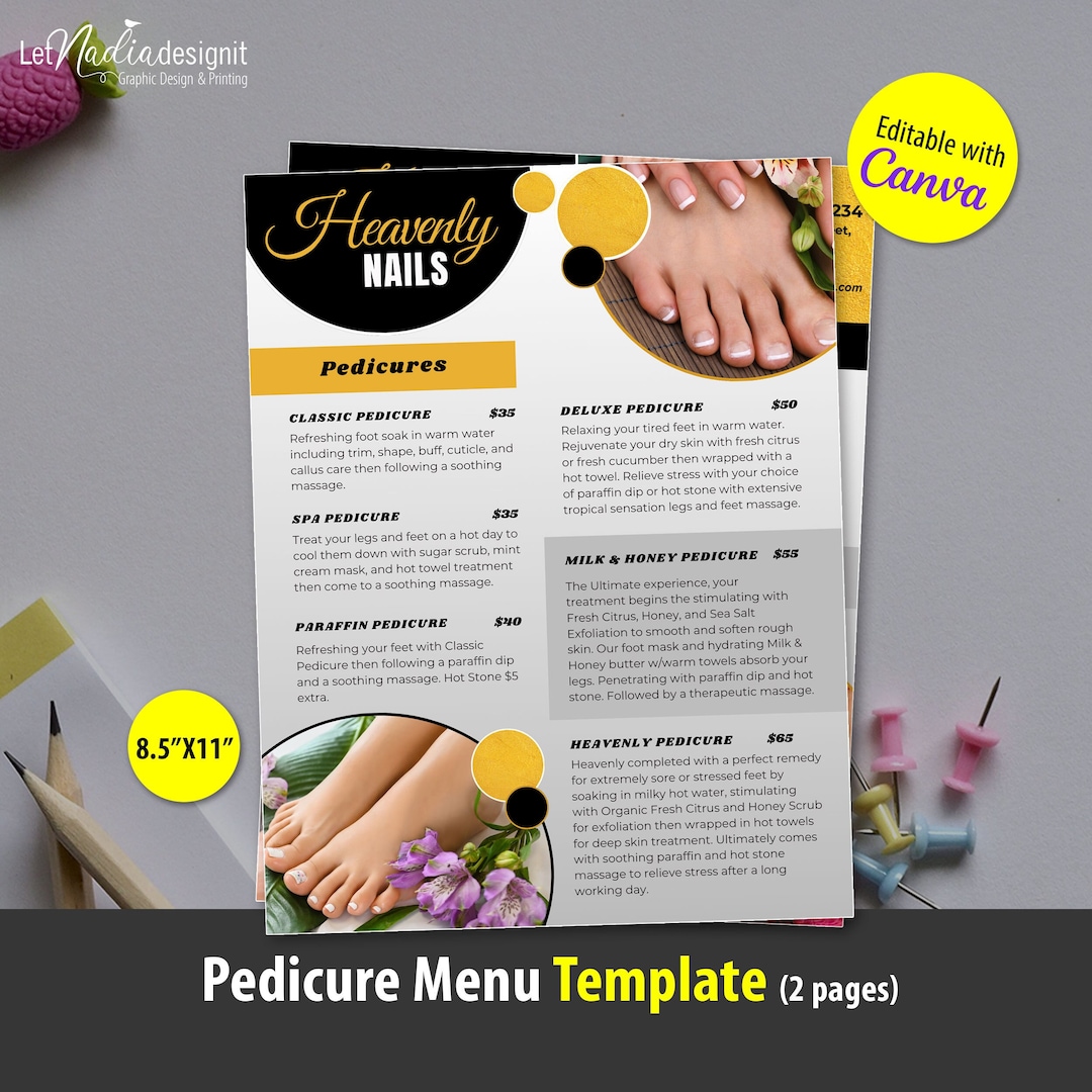 2-page Pedicure Menu Template | Nail Salon Price List Template ...