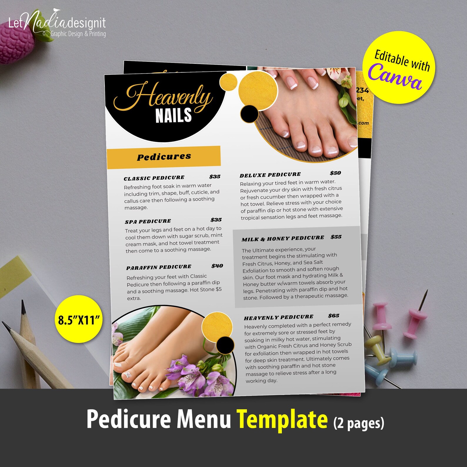 Nail Salon Pedicure Menu Template (front and Back) | Black & Gold Price ...