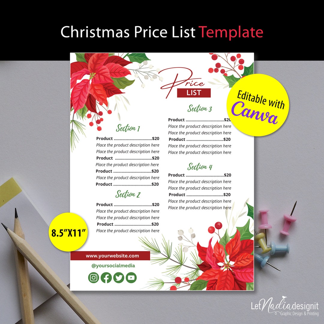 Christmas Price List Editable Price List Printable Salon Menu Holiday ...