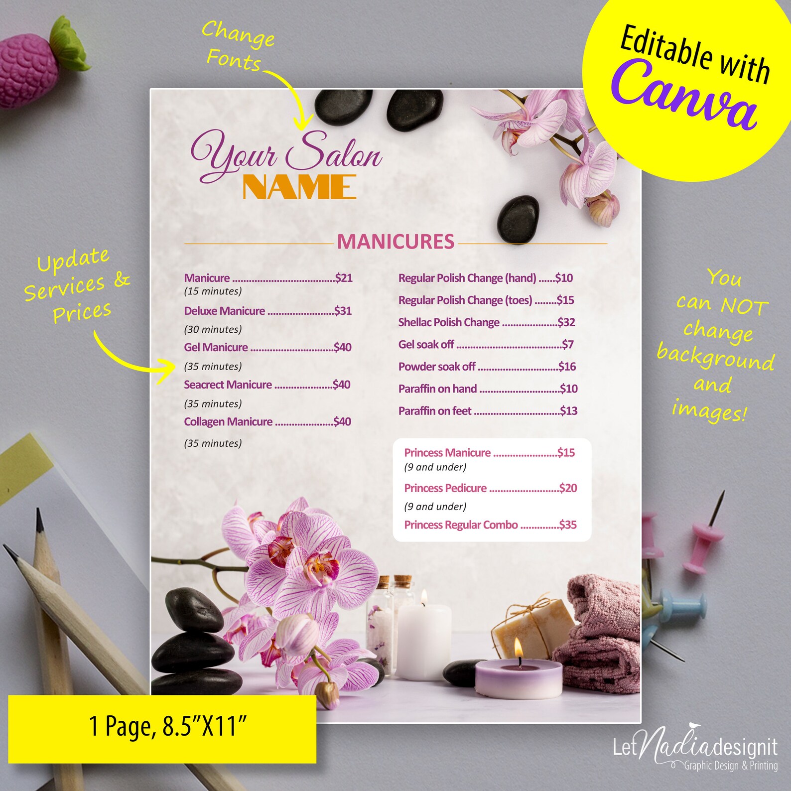 Nail Salon Menu Templates Bundle: Manicure, Pedicure, Facials (canva ...