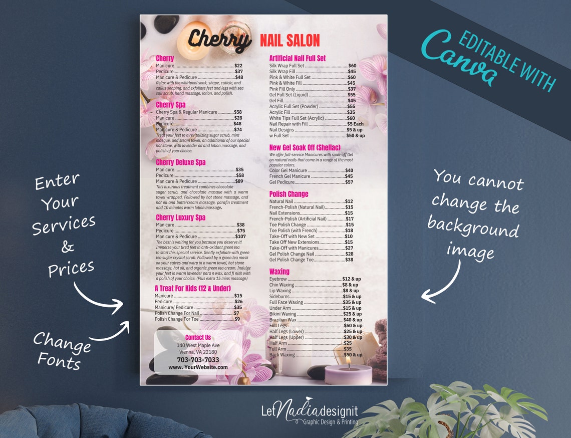 Nail Salon Price List Template, Editable Services Menu (canva TEMPLATE ...
