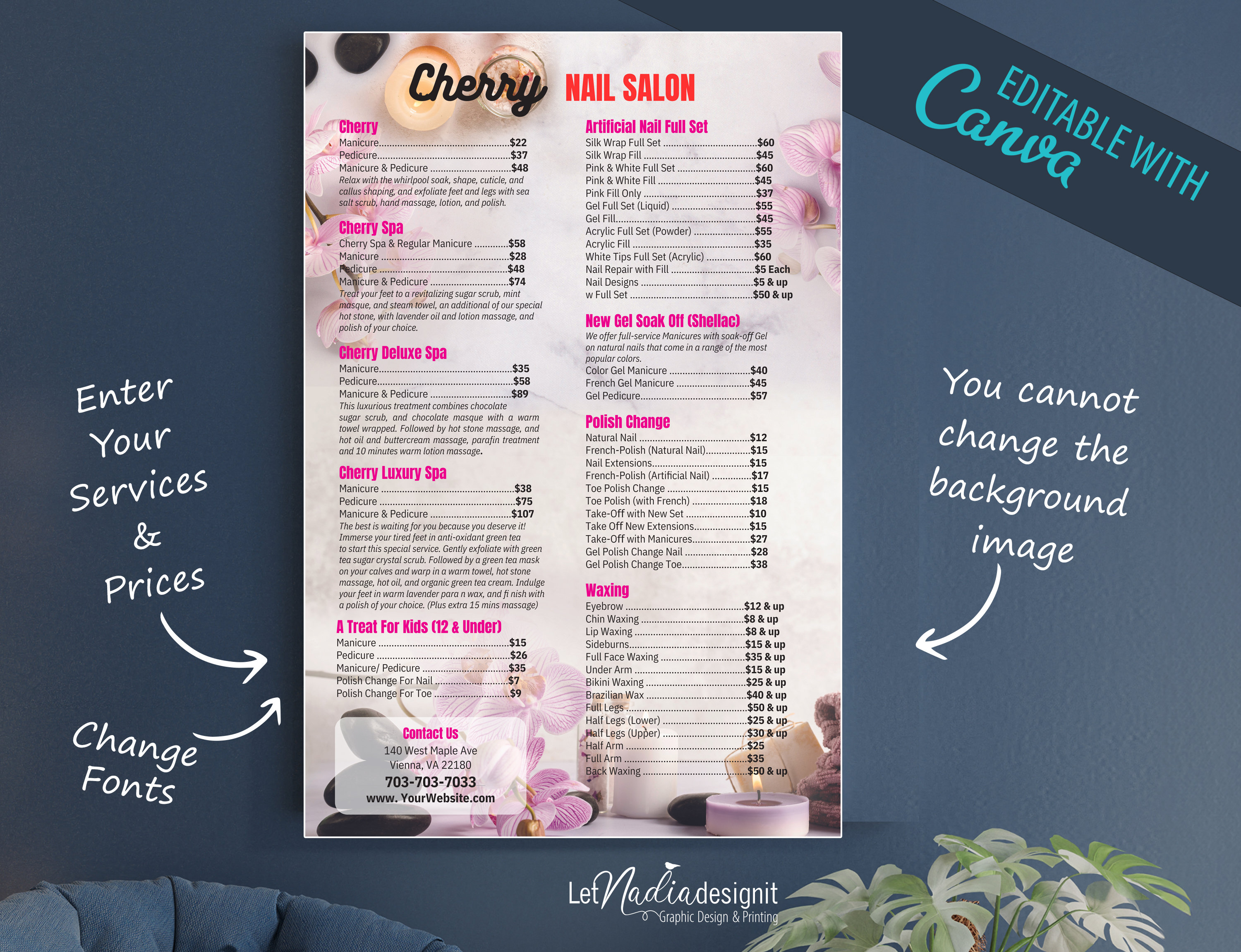 Poster Size Nail Salon Menu Template 12X18, 24X36 | Nail Salon Price ...