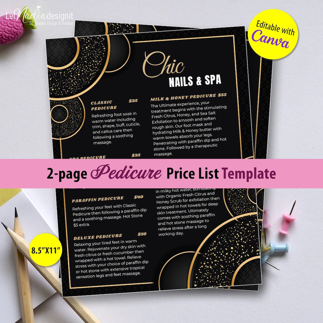 Pedicure Price List Template | Black & Gold Salon Menu (canva Editable ...