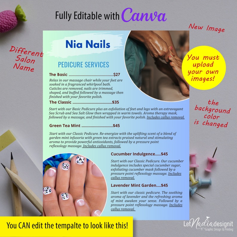 Nail Salon Pedicure Menu Template | Price List (canva Editable) - Etsy