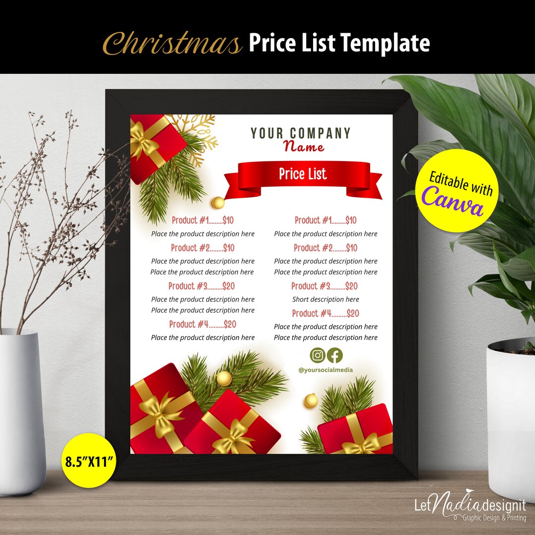 Christmas Price List Editable Price List Printable Salon Menu Holiday ...