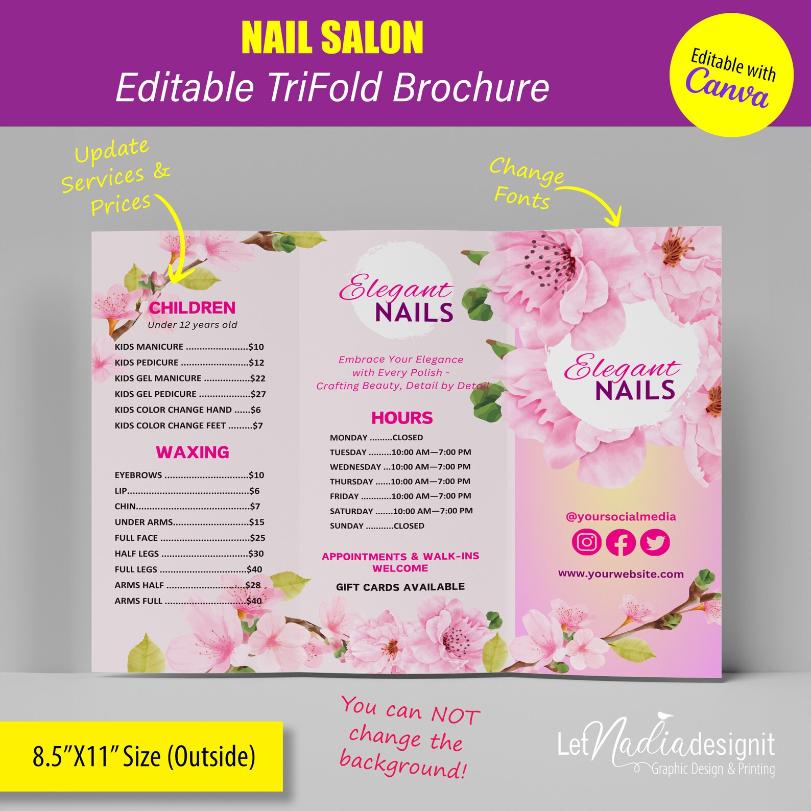 Nail Salon Trifold Brochure Template | Cherry Blossom Spa Menu (canva ...