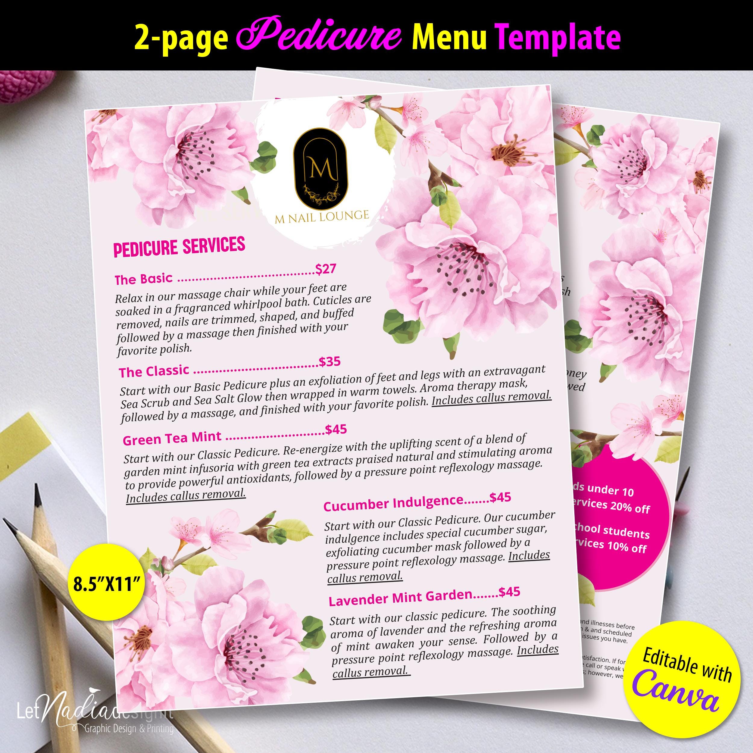 2-page Pedicure Menu Template | Nail Salon Price List Template ...