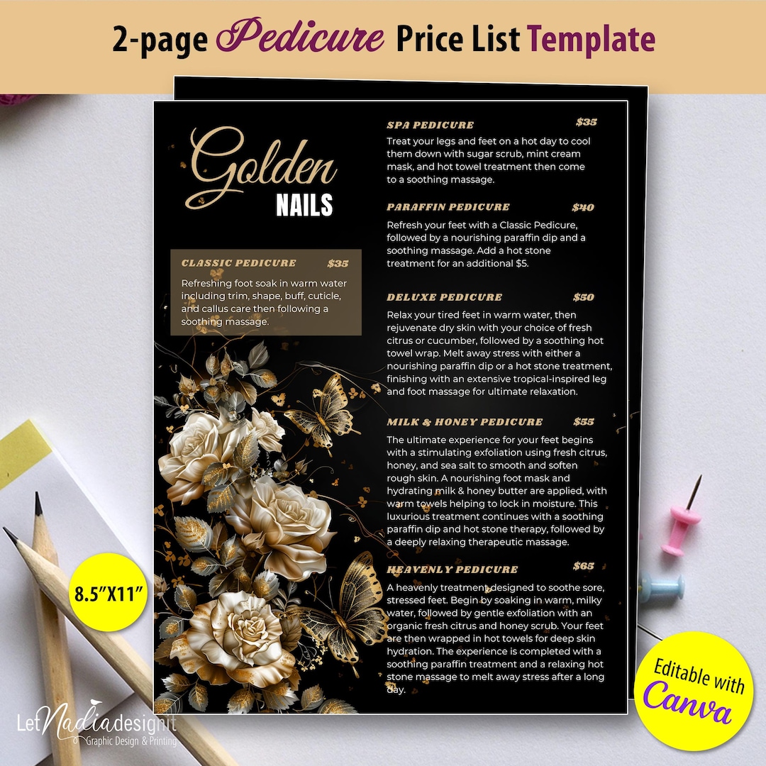 2-page Pedicure Menu Template | Nail Salon Price List Template ...