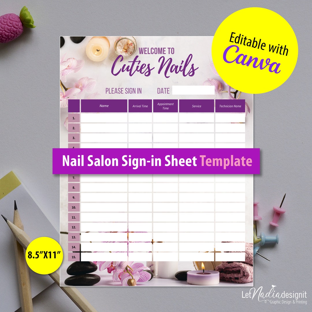 Nail Salon Sign-in Sheet Template 8.5X11 (TEMPLATE ONLY) | Editable ...