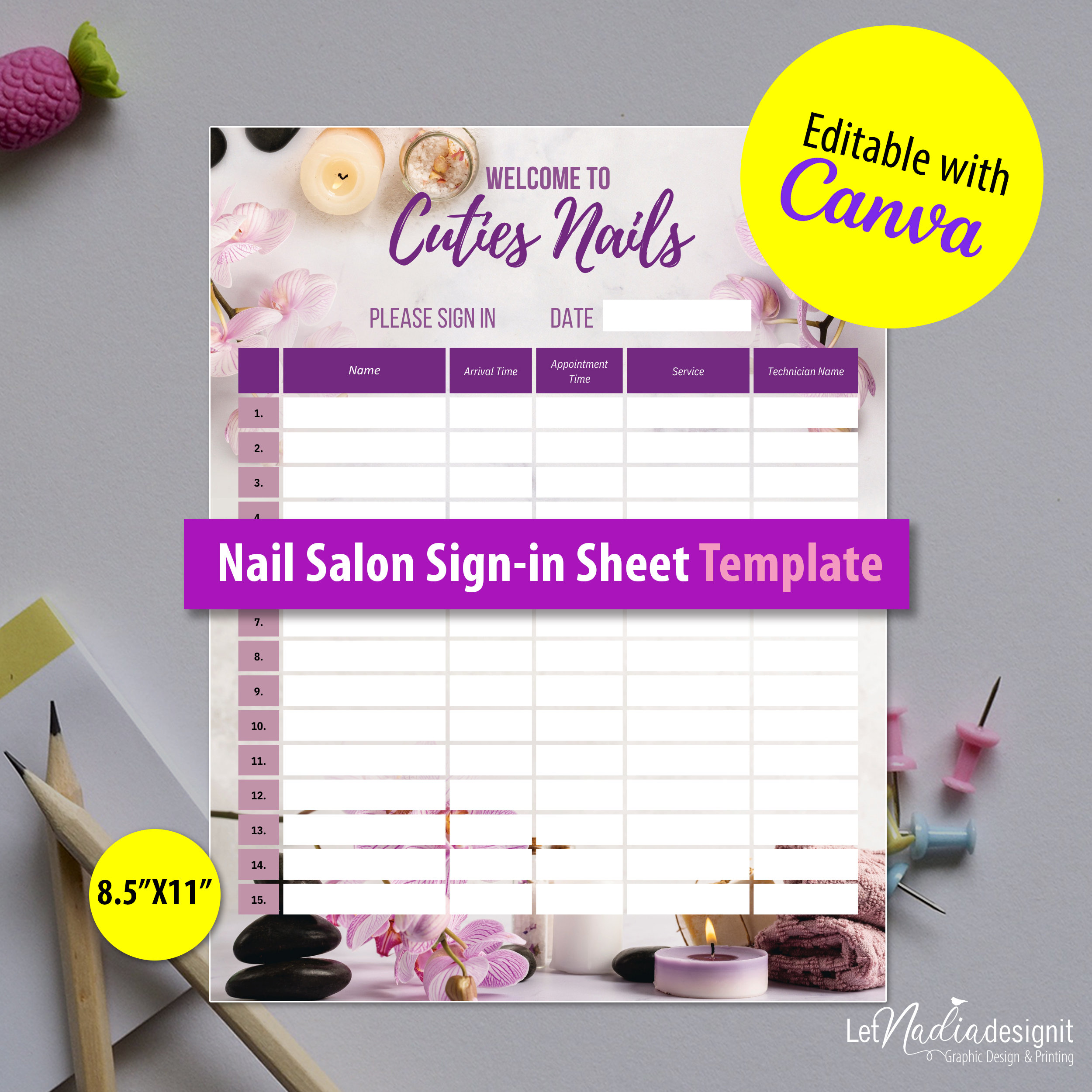 Nail Salon Sign-in Sheet Template 8.5X11 (TEMPLATE ONLY) | Editable ...