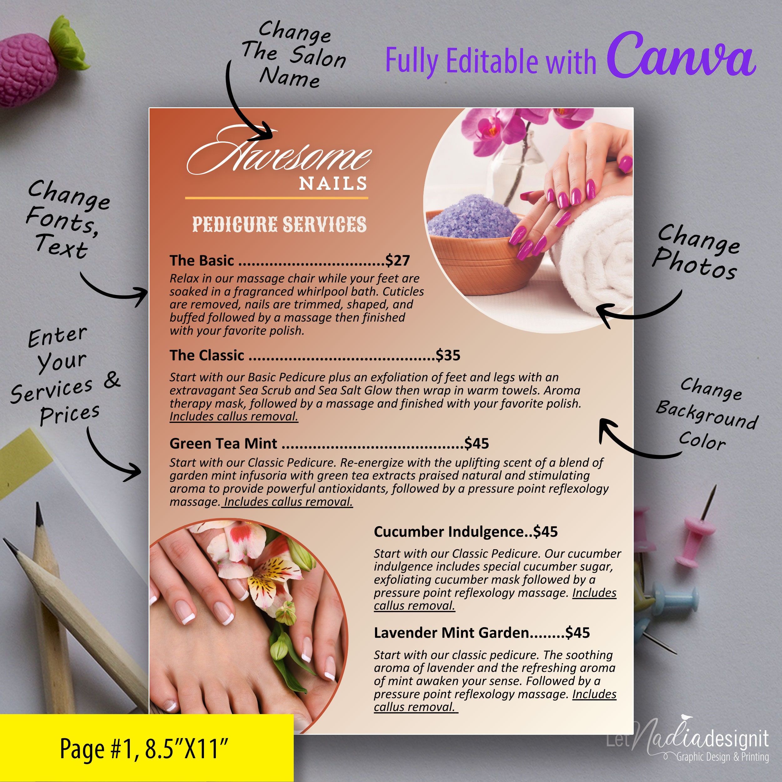 2-page Pedicure Menu Template | Nail Salon Price List Template ...