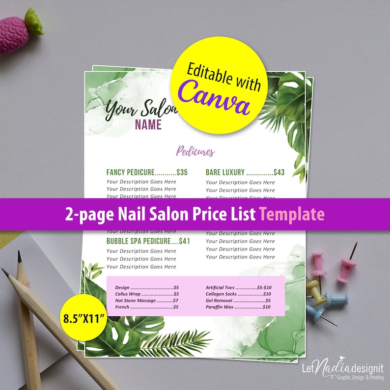 2-page Pedicure Menu Template | Nail Salon Price List Template ...