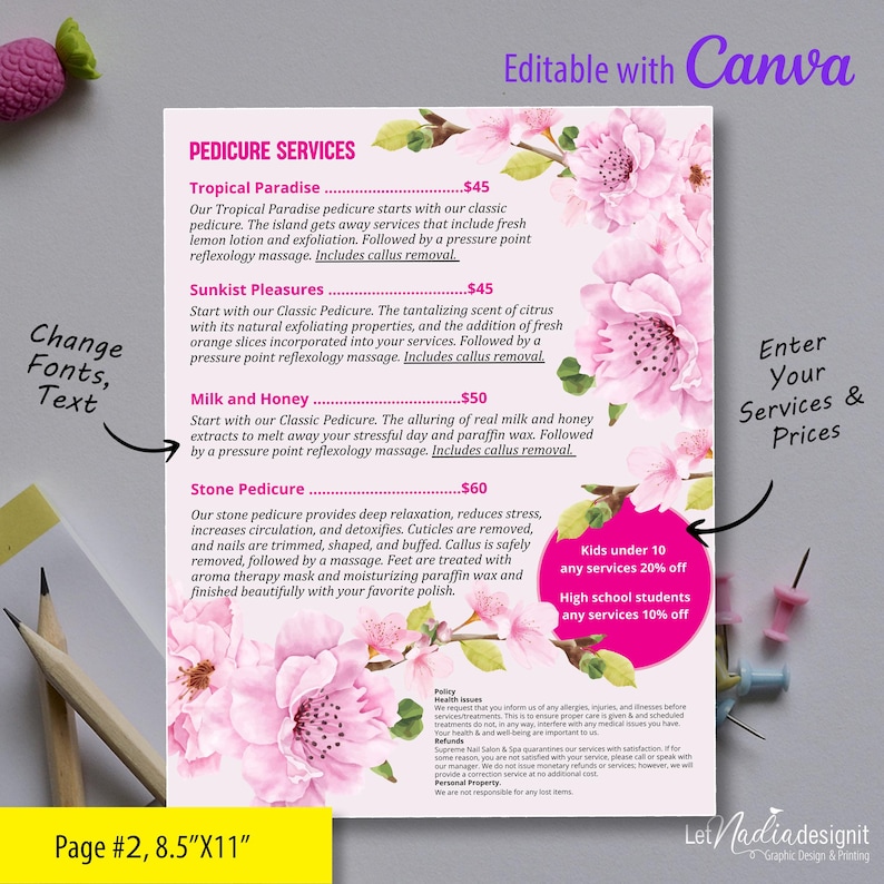 Cherry Blossom Pedicure Menu Template | Nail Salon Price List (canva, 8 ...