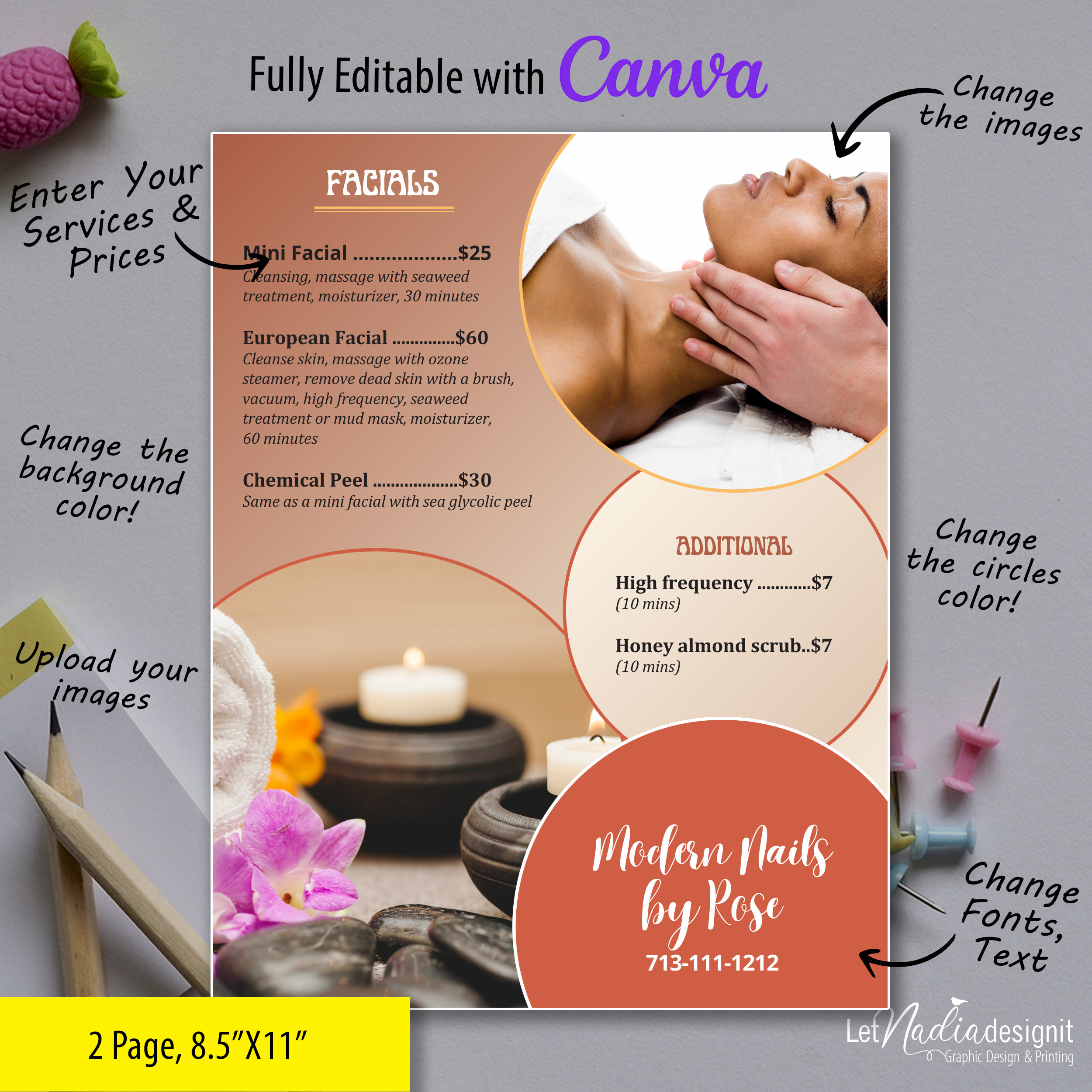 2-page Pedicure and Facials Menu Template | Nail Salon Price List ...