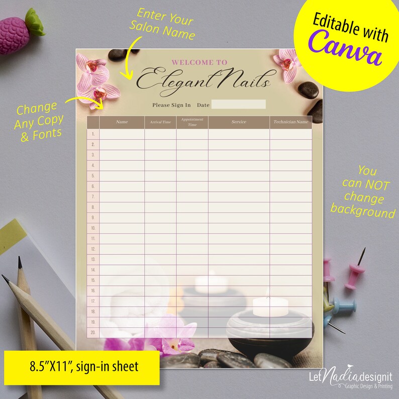 Nail Salon Sign-in Sheet Template | Editable in Canva (8.5x11) - Etsy