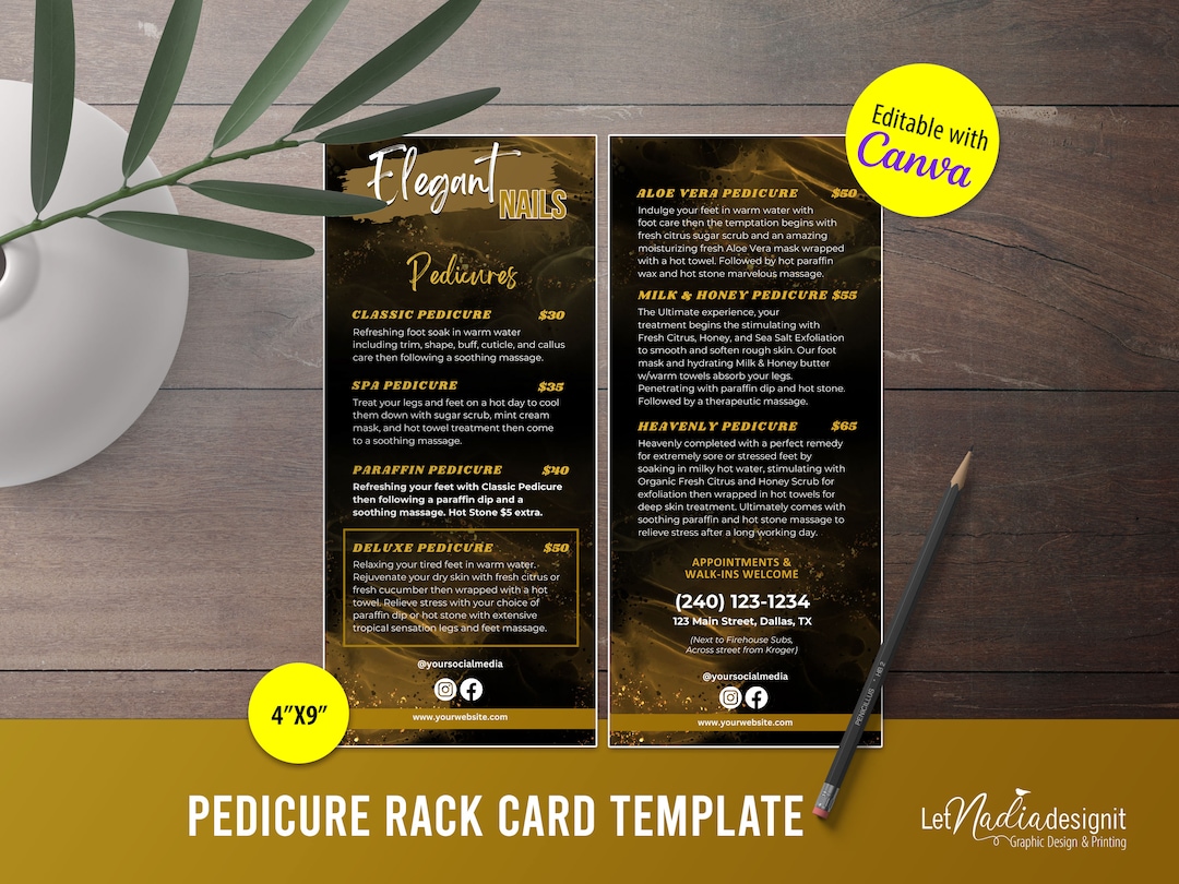 Pedicure Rack Card Template 4"x9" | Pedicures Price List | Nail Salon ...