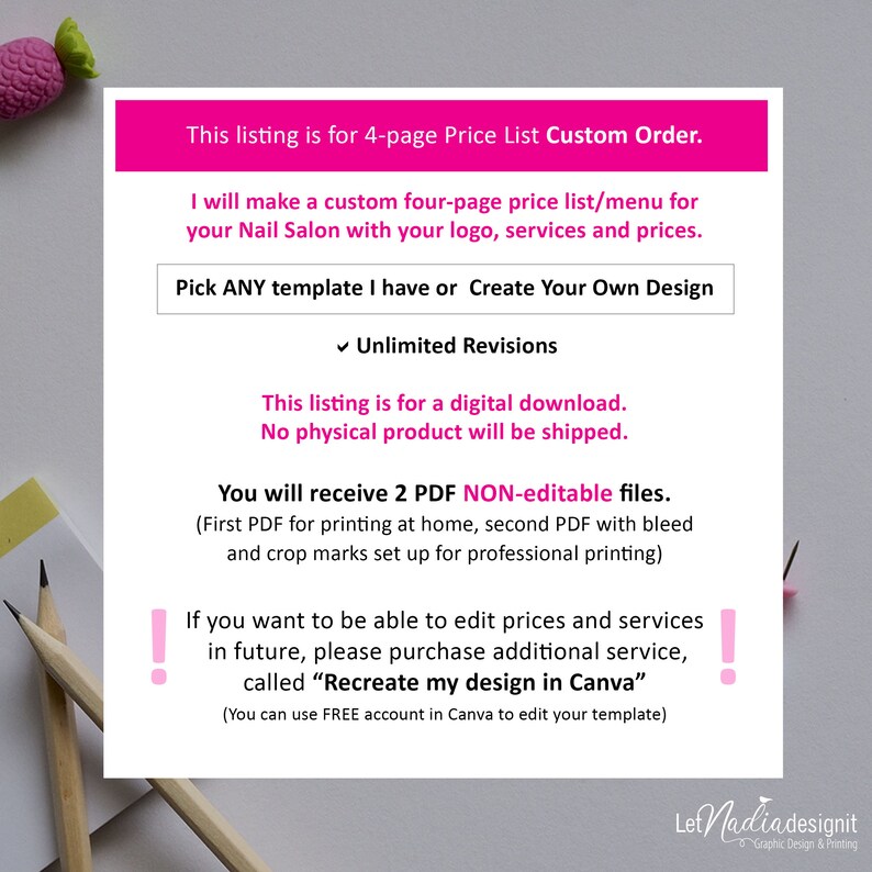 Custom Nail Salon Menu | 4-page Price List (printable PDF) - Etsy