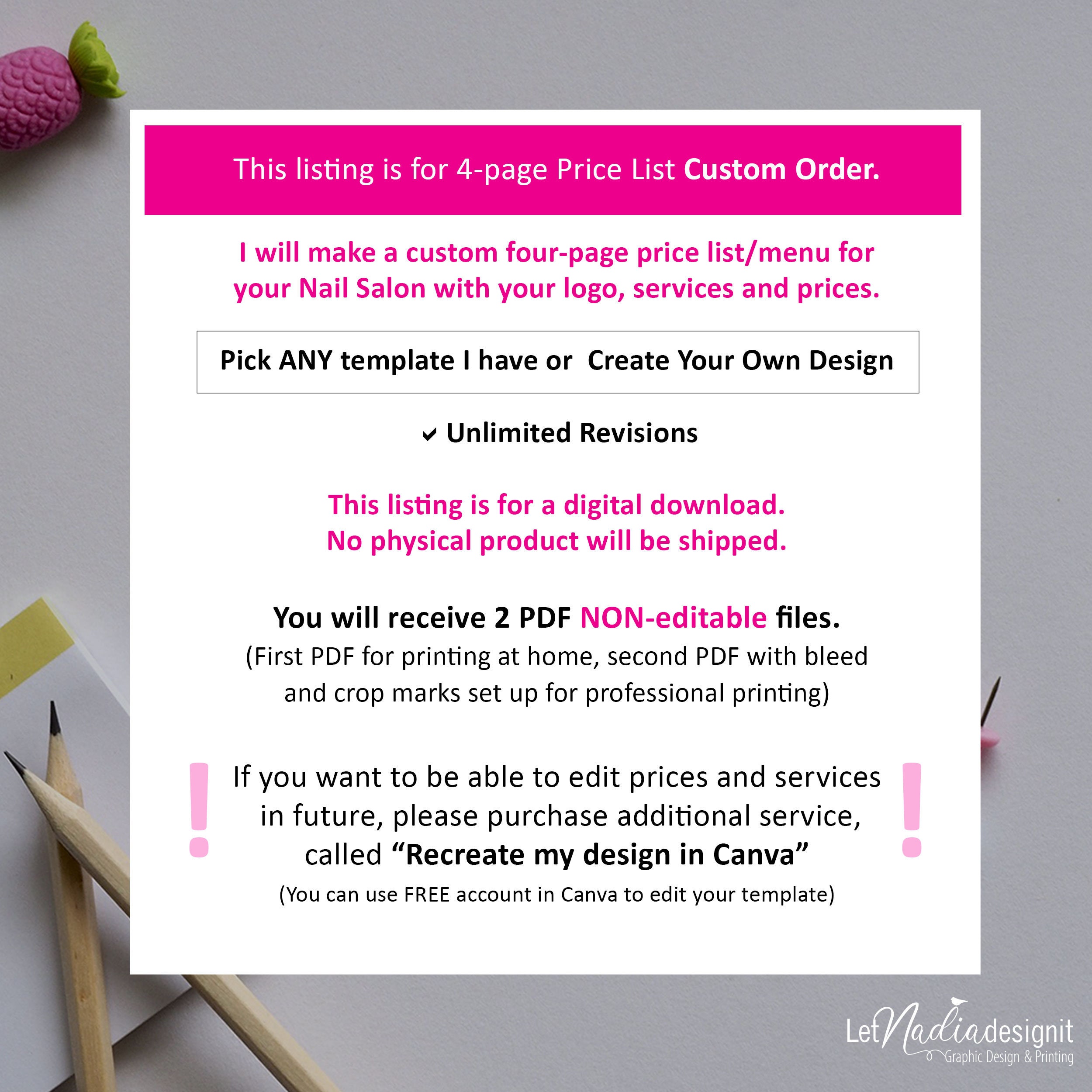 4-page Nail Salon Menu | Nail Salon Price List | Pedicure, Manicure ...