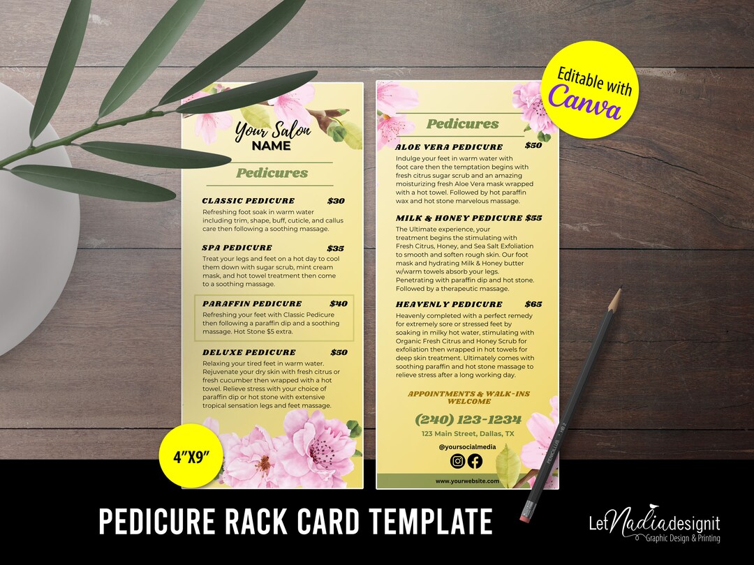 Pedicure Rack Card Template 4x9 Pedicures Price List Nail Salon Menu ...
