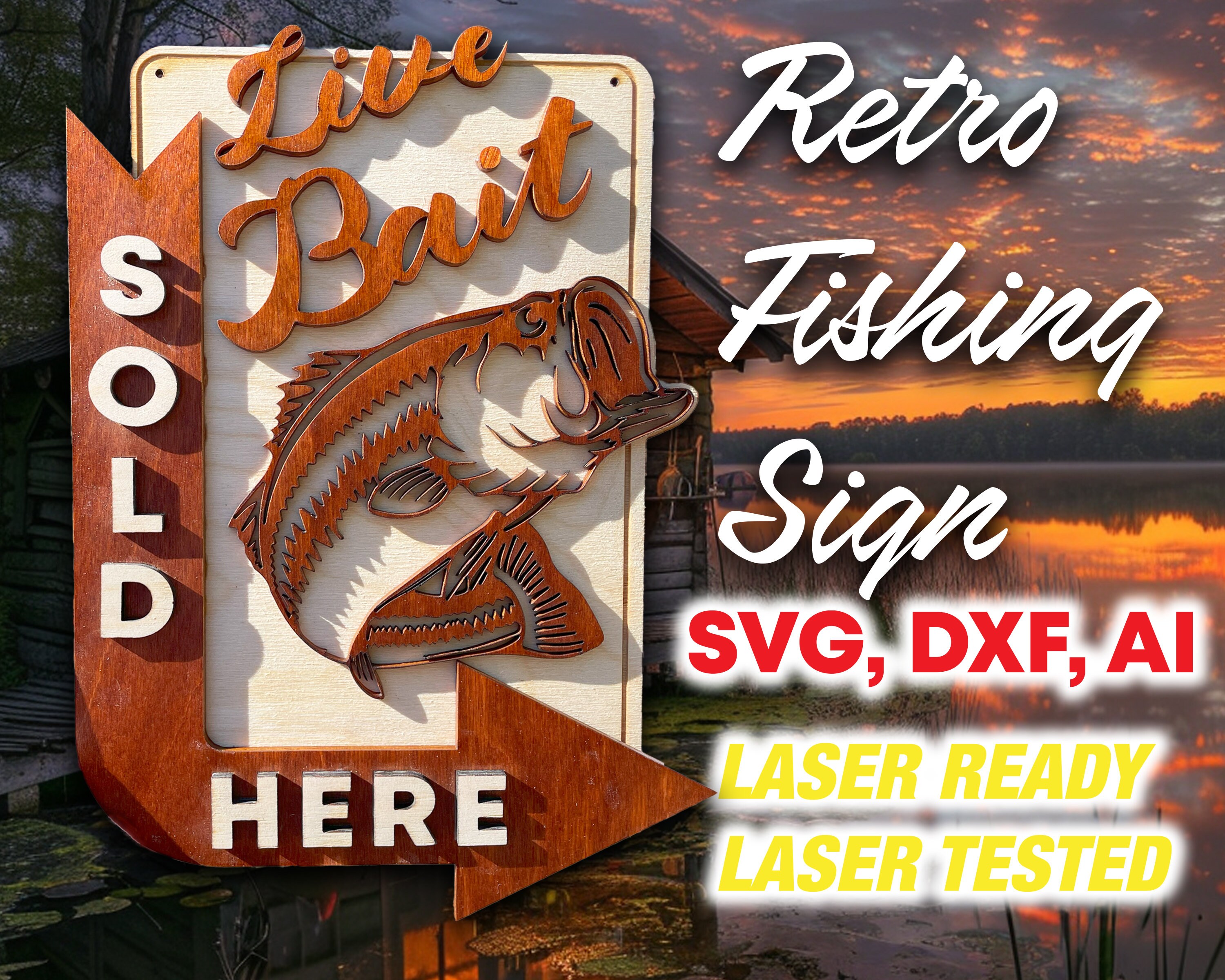 Retro Fishing Sign, SVG Cut File, Svg Fishing Sign, Laser Cut Bass Sign ...