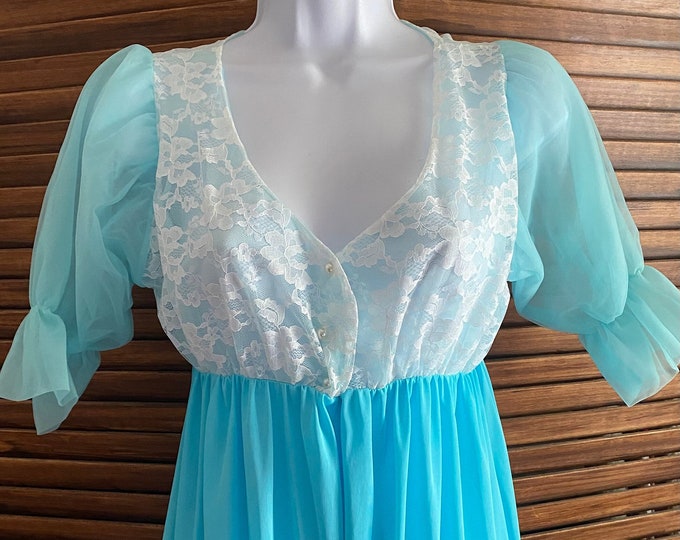 Vintage Blue Lace Sheer Open Nightgown or Robe With Puff Sleeves - Etsy