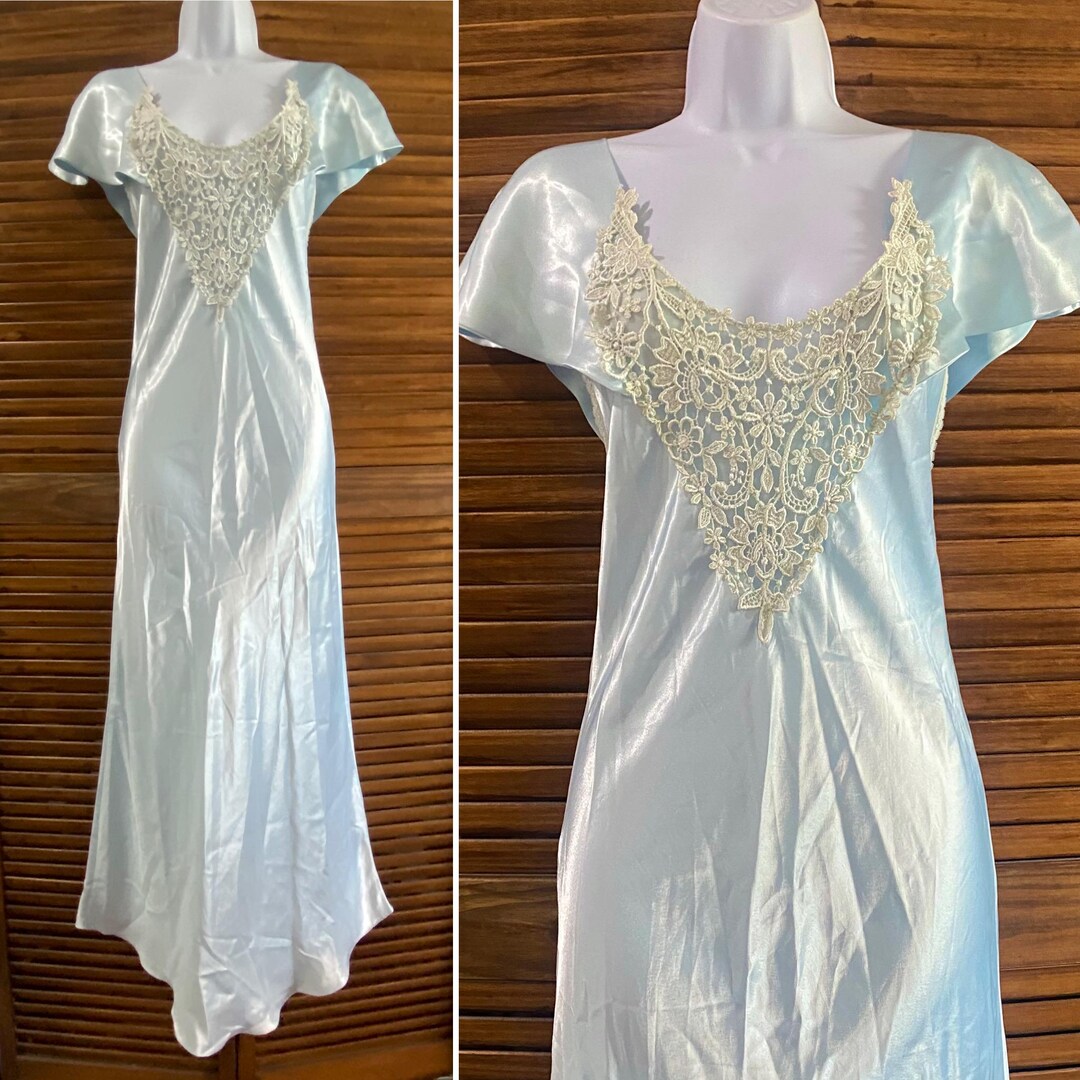 Vintage Ice Blue Satin Long Nightgown With Lace Detail by Jessica Lynn ...