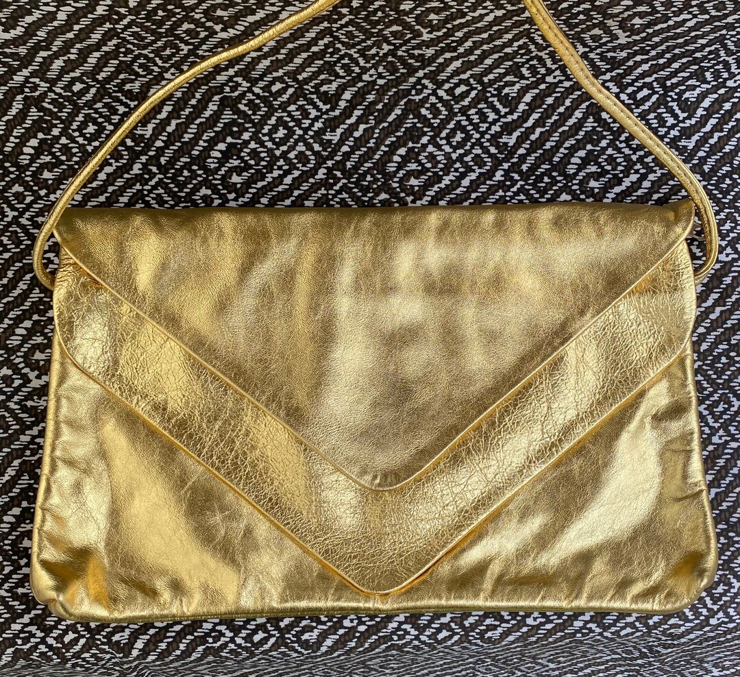 1980's Bright Gold Leather Envelope Handbag With Strap, Glam Disco ...