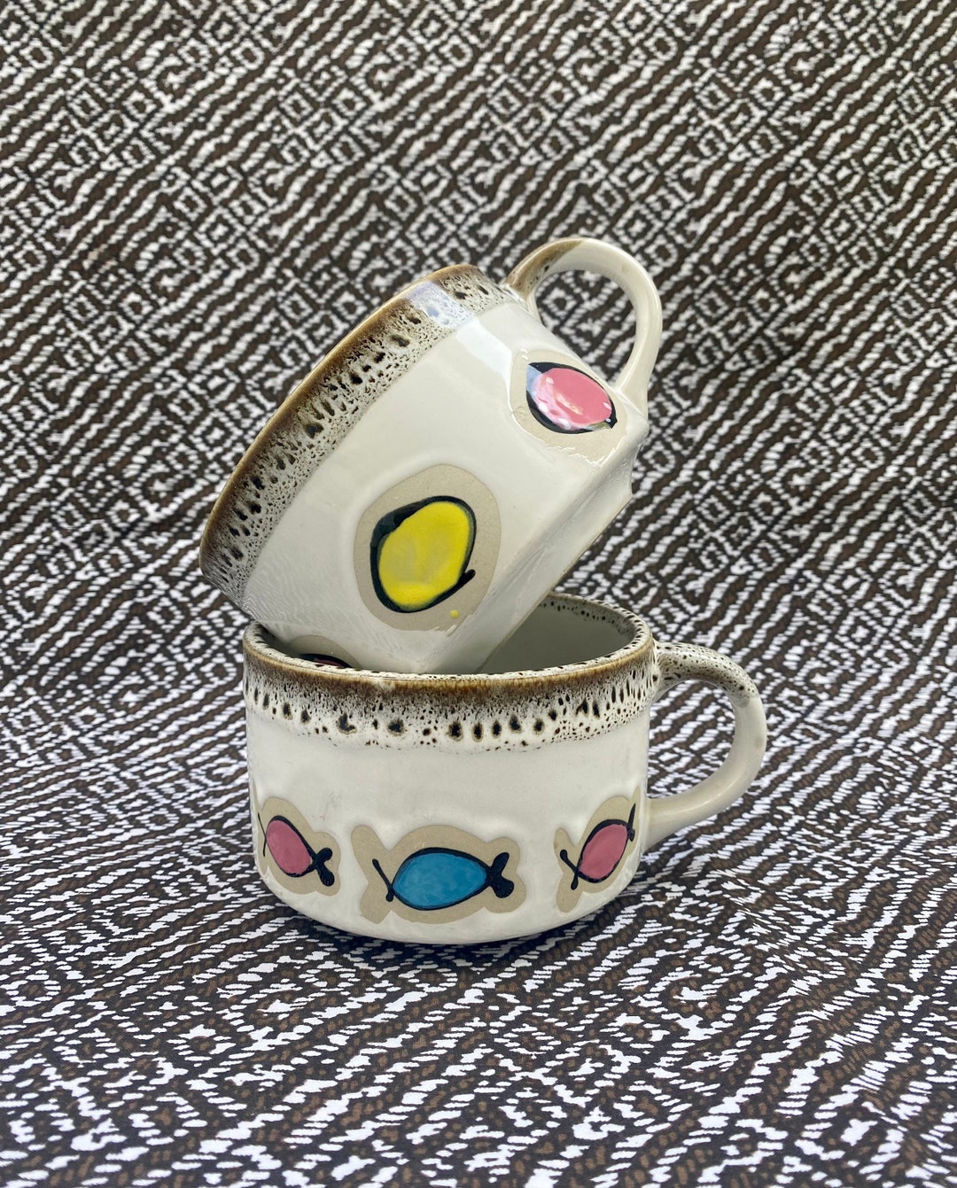 Vintage Stoneware Soup Mugs, Pottery Mugs, Retro Mugs, Handled Soup Mug ...