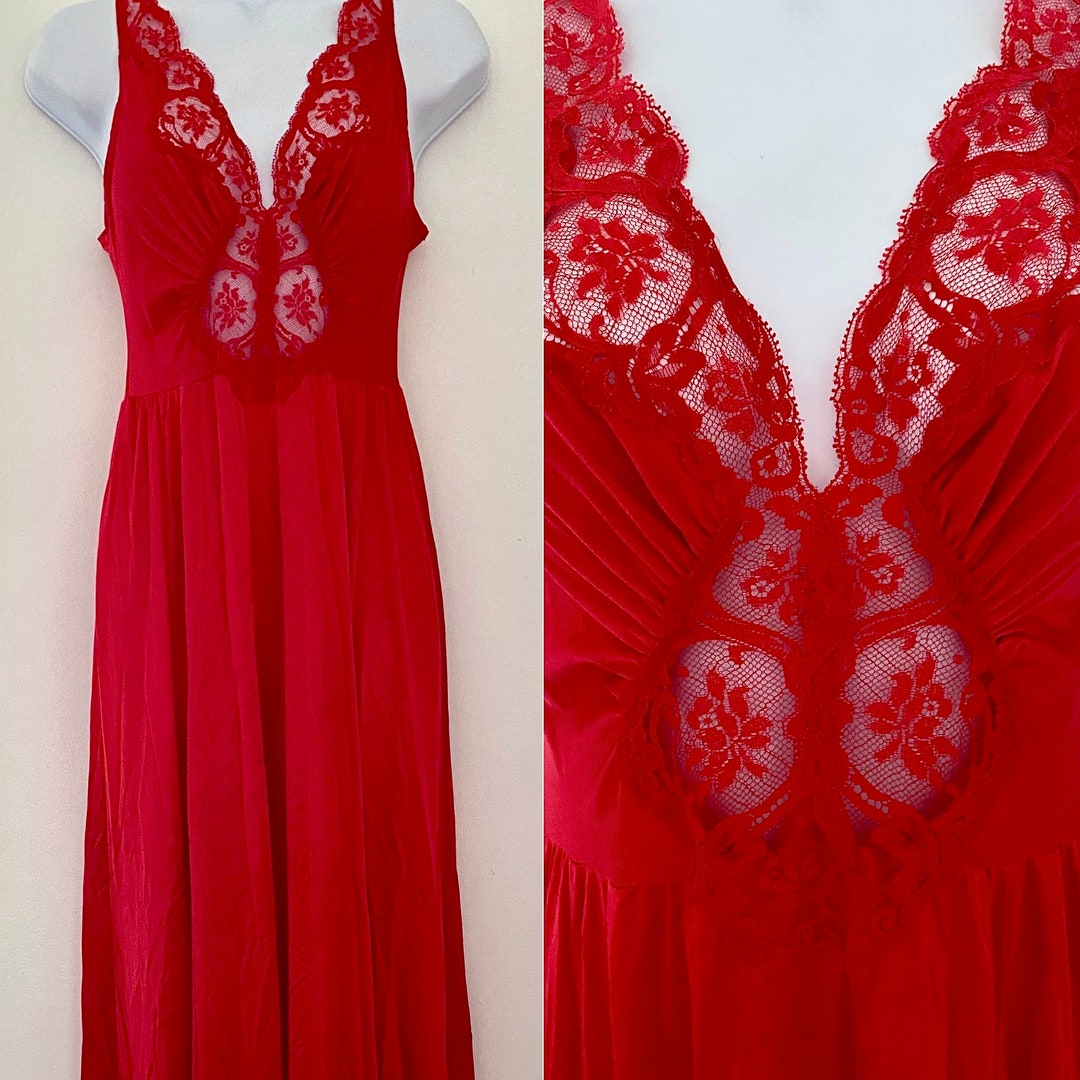 Vintage Olga Bodysilk Red Lace Nightgown, Sheer Red Nightgown, Vintage ...
